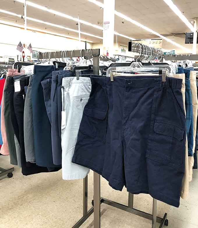 Neat racks of shorts and casual wear, clean and ready to go. Summer wardrobe sorted, budget completely intact.