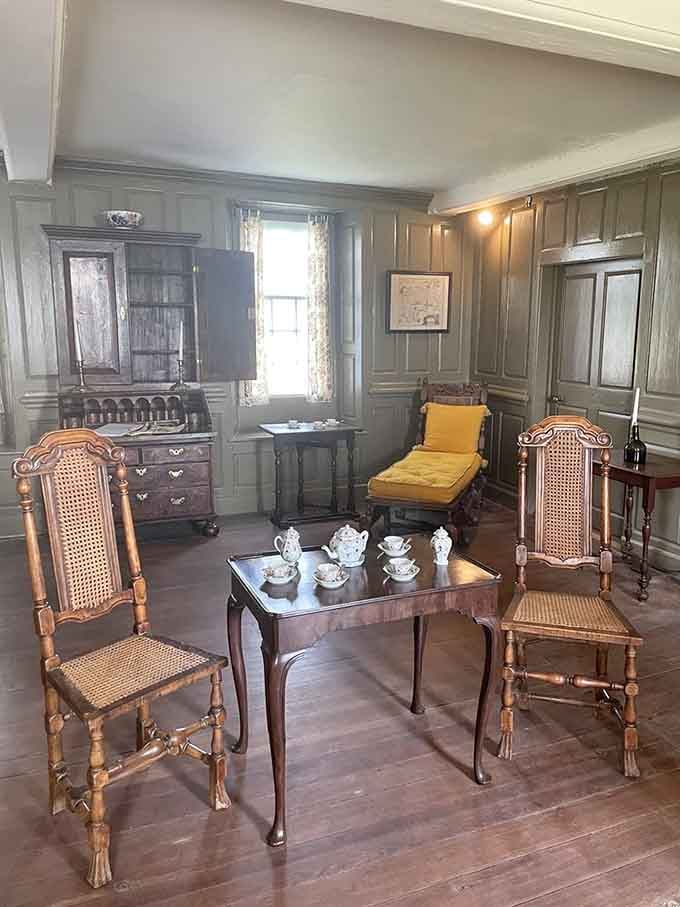 Tea service set for two in a paneled room where elegance and history share the same address.