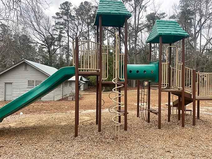 Green slides, climbing structures, and a whole lot of fresh air. The kids won't miss their screens for even one second out here.