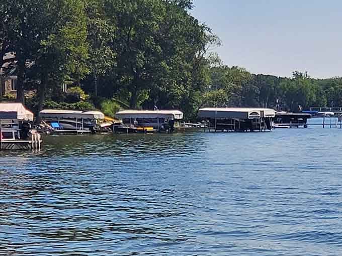 Boat docks dot the shoreline, offering front-row seats to Rock Lake's endless aquatic entertainment and activities.