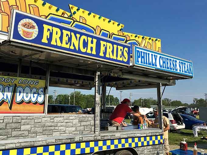 French fries, Philly cheesesteaks, and corn dogs under a bright Ohio sky, fueling every great bargain hunt.