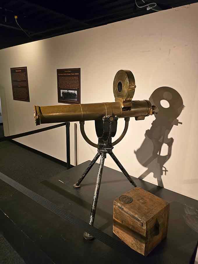 A brass Colt Gatling Gun on a tripod, casting a dramatic shadow that commands the entire room.