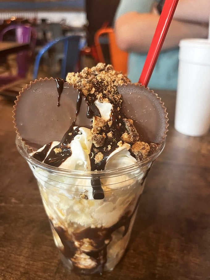 This sundae topped with peanut butter cups is proof that Big Hoffa's takes dessert as seriously as brisket.