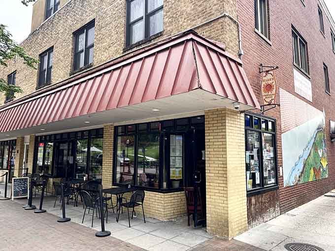 Gillie's Inc. on a corner downtown, patio chairs ready, chalkboard menu waiting. This one's a Blacksburg original.