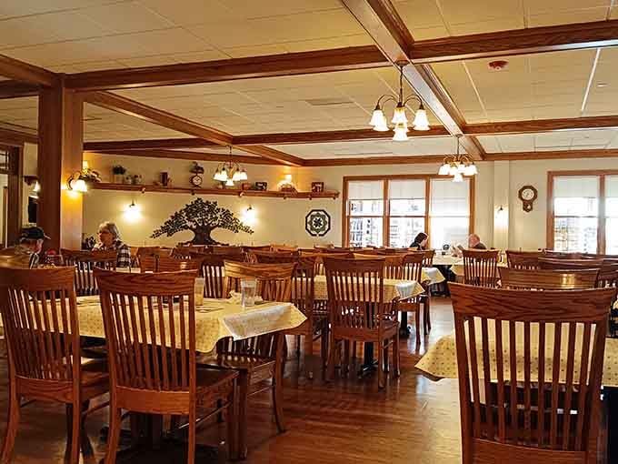 Soft pendant lights, wood beam ceilings, and a clock on the wall, time moves differently here, and that's perfectly fine.