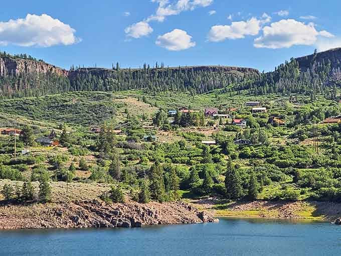 Lush pines and cozy structures dot the hillside above Blue Mesa's gorgeous shoreline.