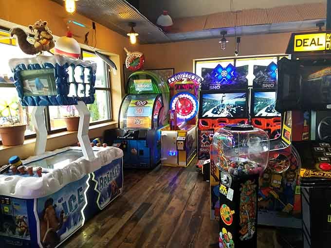 Arcade machines stand ready to entertain the kids while you finish your meal in something resembling peace and quiet.