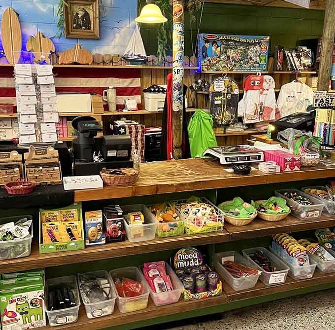 The counter at Bull Frog Corner is stacked with surprises, proof that every inch of this shop earns its keep.