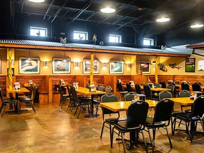 Warm lighting, coastal artwork on the walls, and enough elbow room to truly enjoy every single bite.