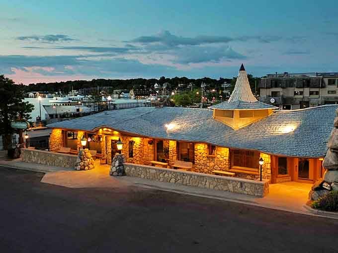 Weathervane Restaurant glows at sunset like a beacon calling hungry travelers to waterfront dining done absolutely right here.