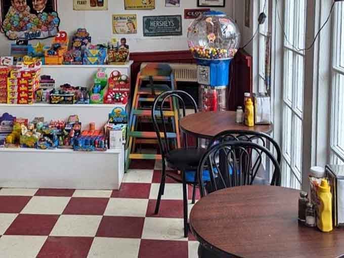 Red and white checkered floors, a gumball machine in the corner, and candy shelves that never quit.