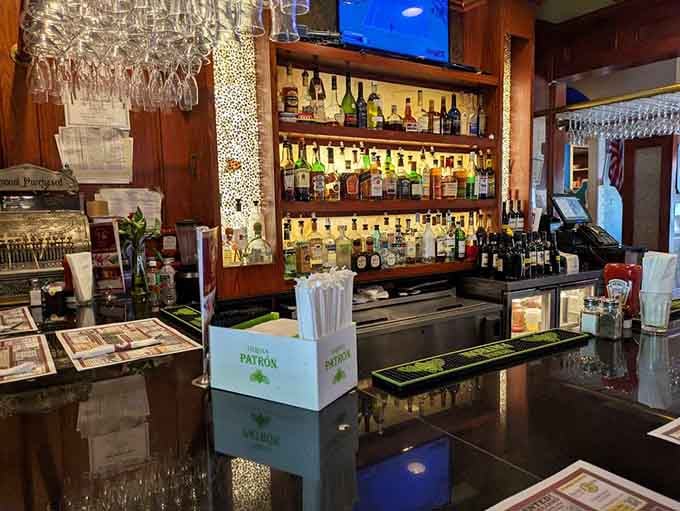A full bar with a well-stocked shelf tells you this place is ready for whatever kind of evening you need.