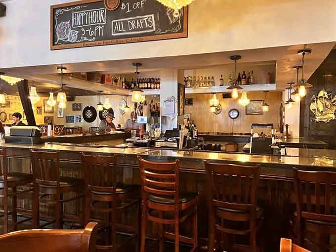 The bar area gleams with possibilities, from craft beers to cocktails, all ready to complement your pasty perfectly.