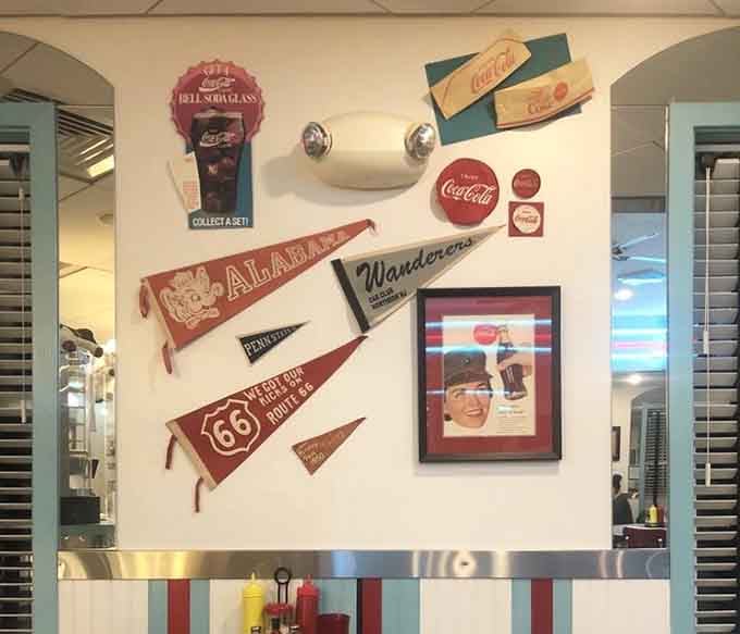Route 66 pennants and Coca-Cola nostalgia covering the walls, this diner wears its heart on its sleeve.