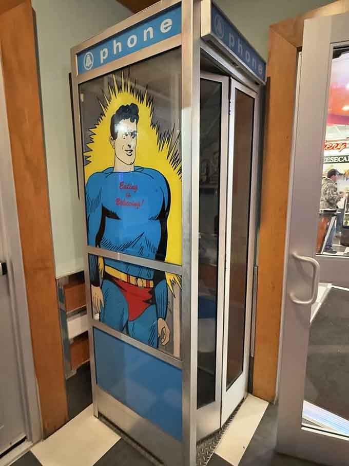 A Superman phone booth that says "Eating is Believing." Honestly, after one meal here, you will believe.