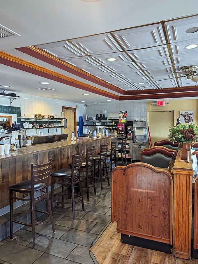Counter seating with a view of the kitchen action, the best seat for watching comfort food come alive.