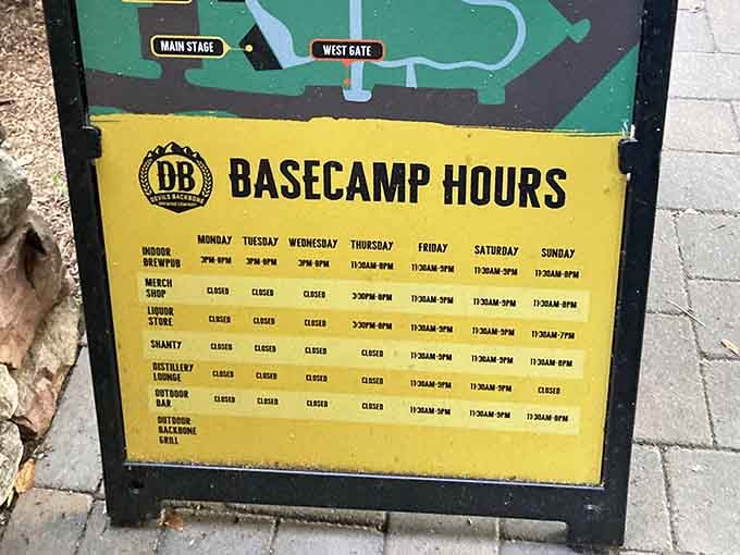 Basecamp hours posted right at the entrance, because good planning deserves good beer waiting at the finish line.