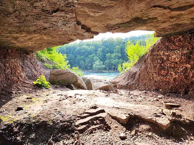 Looking out through the cave opening feels like nature built its own movie theater, and the view is the feature film.