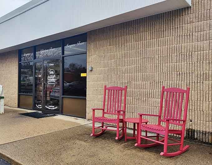 Those red rocking chairs outside invite you to sit, relax, and contemplate your upcoming sugar rush.