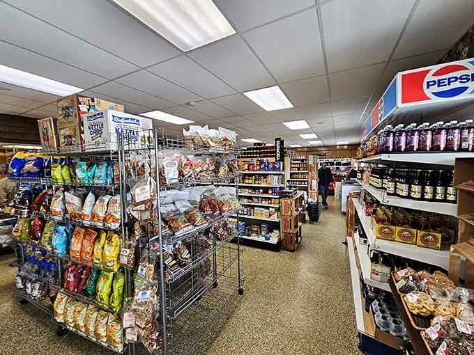 Kettle chips, specialty snacks, and Pepsi on deck — the country store side of Dietrich's holds its own beautifully.