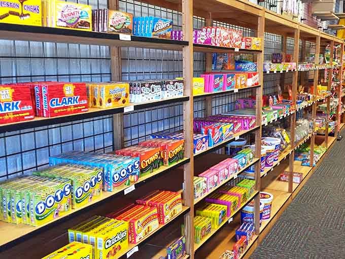 Dots, Clark Bars, Crows, and Chuckles sharing shelf space, a reunion tour of classic candy nobody asked to end.