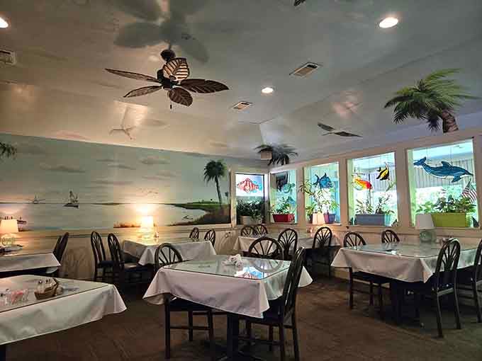 Blue booths, ocean murals, and a shark peeking in from above. Driftaway Cafe's dining room has serious personality to spare.