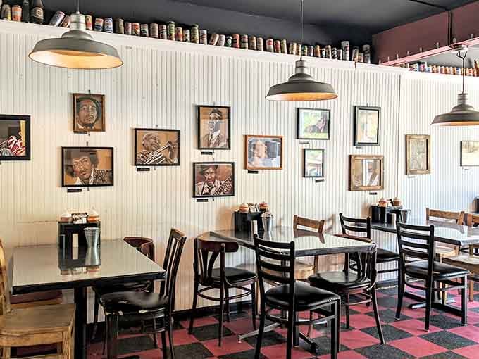Portrait paintings of music legends line the white beadboard walls, turning every meal here into dinner with the greats.