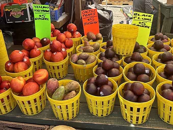Fresh produce in cheerful yellow baskets brings farm-fresh goodness to this sprawling marketplace experience.