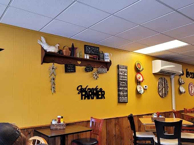The wall decor strikes that perfect balance between homey and interesting, giving you something to look at between bites.