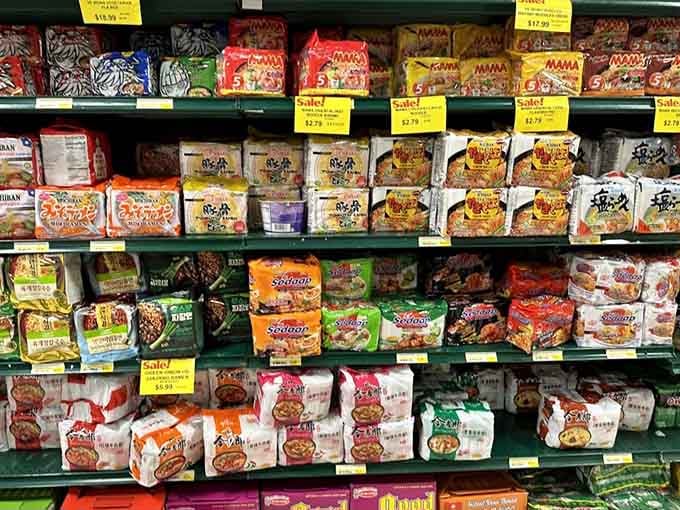 An entire wall of instant noodles from Korea, Thailand, and beyond. Ramen night just became a global event.