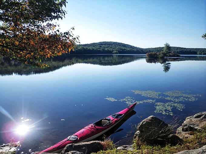 Still waters, forested ridgelines, and a kayak waiting at the shore. Some mornings at Farny feel almost unfairly beautiful.