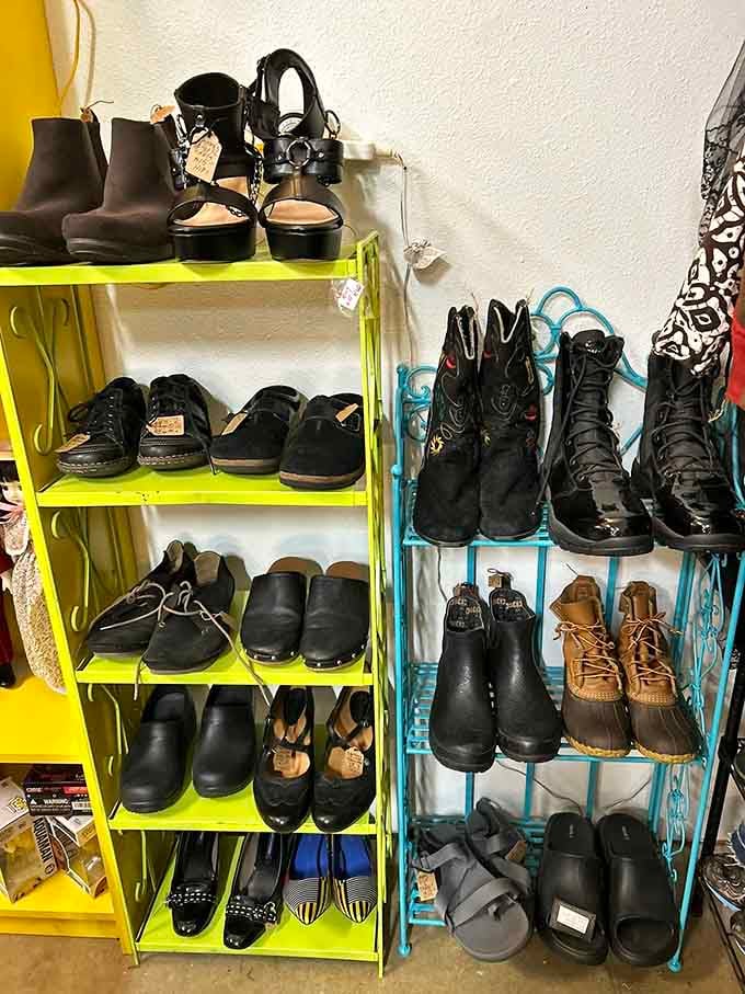 Vintage footwear on bright shelves, because sometimes the perfect boots are waiting in the most unexpected places.
