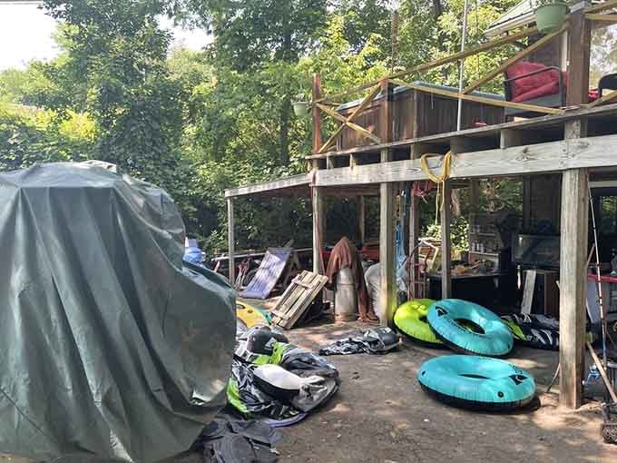 Tubes, tarps, and river gear fill the base camp with a beautifully organized chaos that somehow inspires total confidence.
