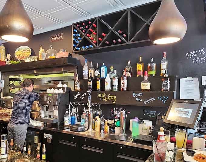 Chalkboard wisdom, wine racks, and enough bottles to make you feel wonderfully optimistic about your afternoon plans.