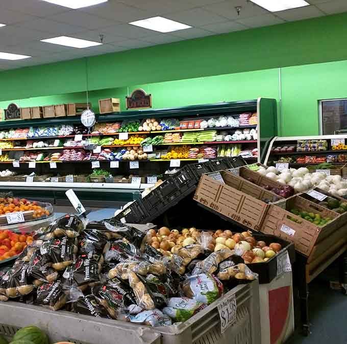Fresh produce in a salvage grocery store, bright, abundant, and ready to prove every assumption wrong.