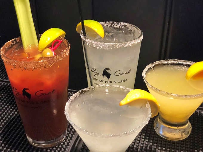 A Bloody Mary, two margaritas, and a lemonade cocktail walk into a bar. Spoiler: they all look fantastic in Gabby Goat glasses.