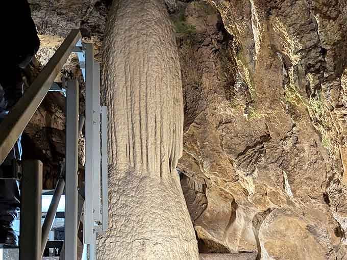A towering cave column stands like a silent guardian, built one slow drip at a time over thousands of years.