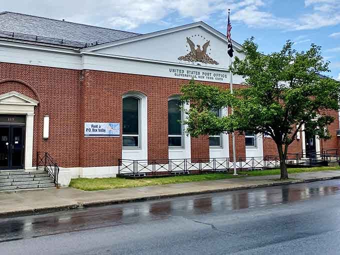 The post office stands proudly with its eagle emblem, a reminder when public buildings were built with dignity.