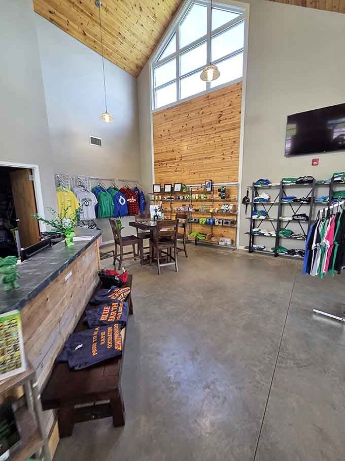 Vaulted wood ceilings and warm pendant lighting make this gift shop feel far cozier than your average souvenir stop.