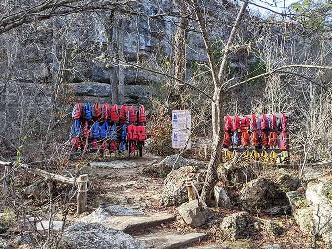Life jackets standing ready like colorful sentries, because safety matters even in paradise, folks.