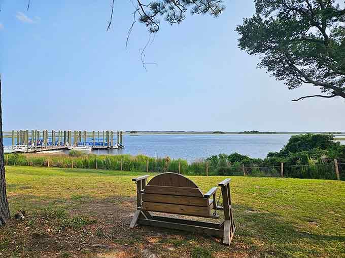 Peaceful waterfront views from the mainland park remind you that sometimes the journey is half the adventure ahead.
