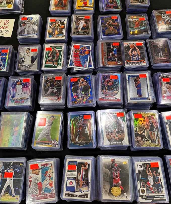 Trading cards sleeved and stacked like tiny works of art, waiting for their next obsessed collector.
