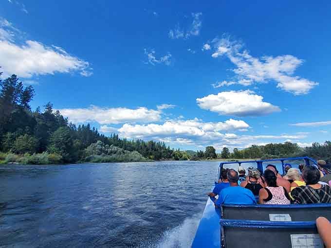 Happy passengers cruising through the canyon, collecting memories and probably a little river mist on their faces.