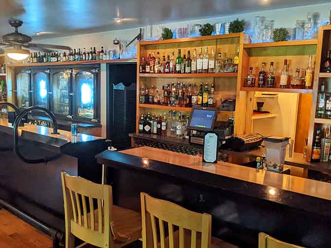 A long, dark bar top stretches into the distance. Pull up a stool and let the evening unfold naturally.
