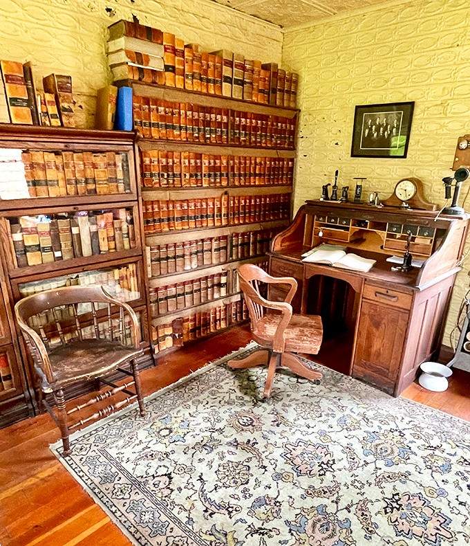 Wall-to-wall law books, a roll-top desk, and a chair that has seen some serious frontier drama.