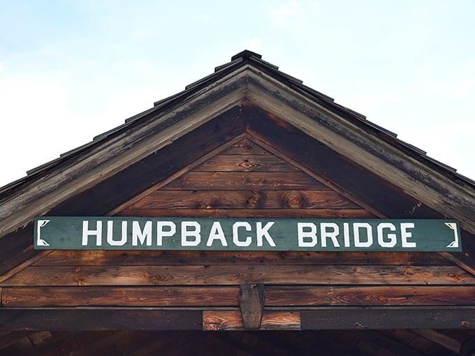 That crisp green and white "Humpback Bridge" sign against rich dark timber is the kind of no-nonsense announcement that commands your full respect immediately.