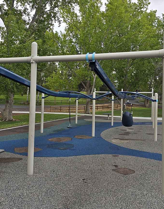 Zip line tracks stretch across the playground, offering that stomach-dropping thrill kids crave and parents nervously photograph.