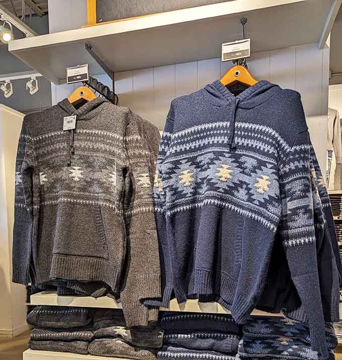 Cozy sweaters with patterns that scream "I'm ready for a cabin weekend" at wonderfully reasonable prices.