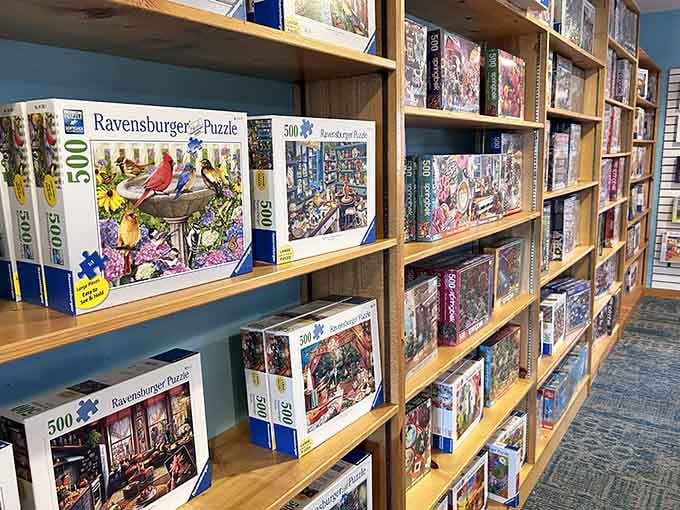 Ravensburger puzzles stacked like colorful building blocks promise hours of entertainment without requiring WiFi or charging cables.