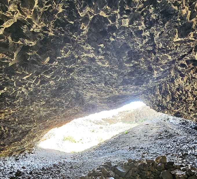 Looking up reveals the intricate columnar jointing that makes basalt formations so mesmerizing to geology enthusiasts everywhere.